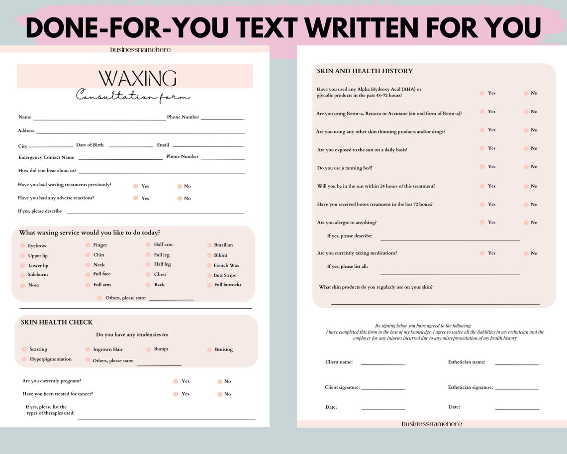EDITABLE Waxing Consultation Form,waxing Treatment Form Client, Consent ...