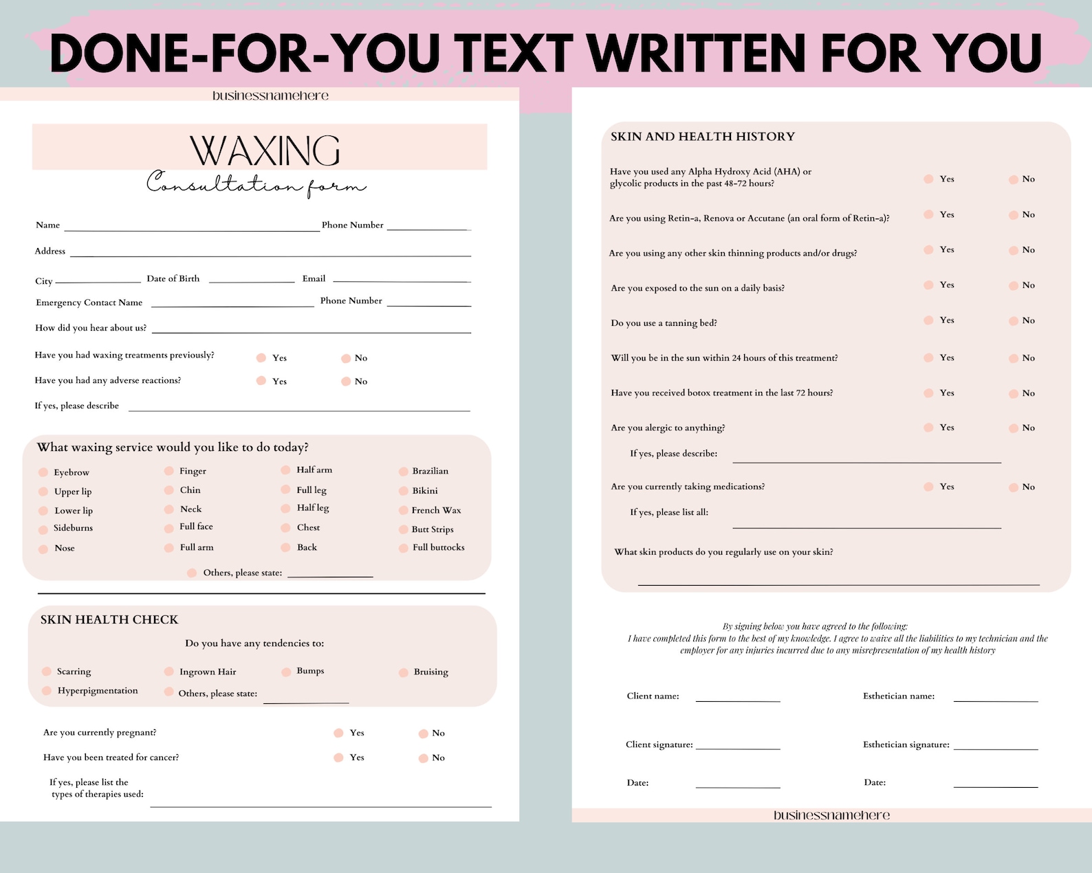 EDITABLE Waxing Consultation Form,waxing Treatment Form Client, Consent ...