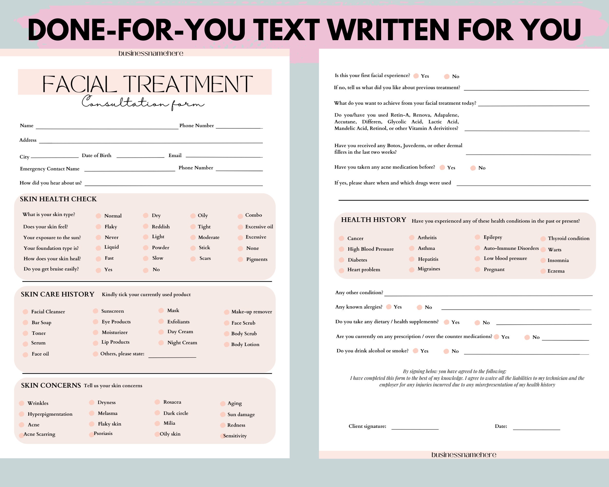 EDITABLE Facial Consultation Form, Client Intake Form,beauty Salon ...