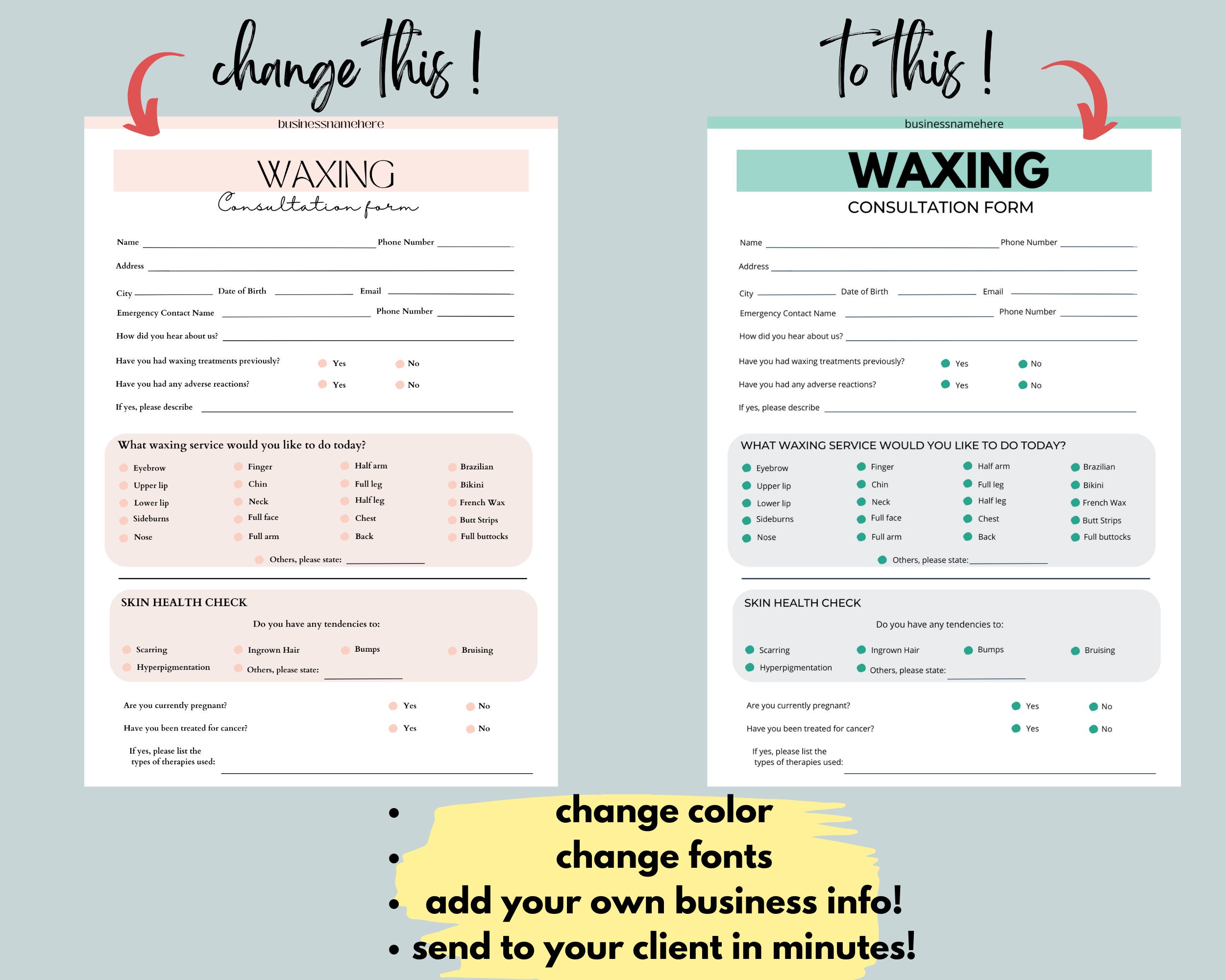 EDITABLE Waxing Consultation Form,waxing Treatment Form Client, Consent ...