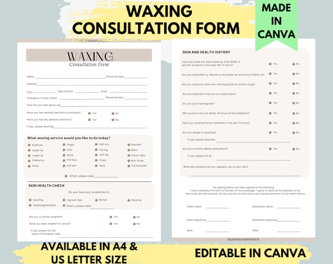 Editable Waxing Treatment Forms | Editable Waxing Client Intake Form | Waxing Consultation Form ...