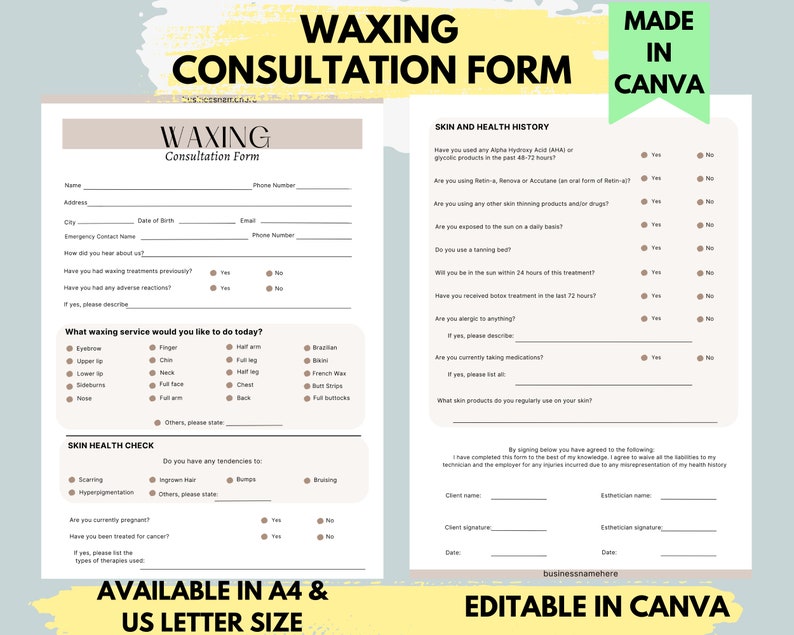 EDITABLE Waxing Consultation Form,waxing Treatment Form,client Consent ...