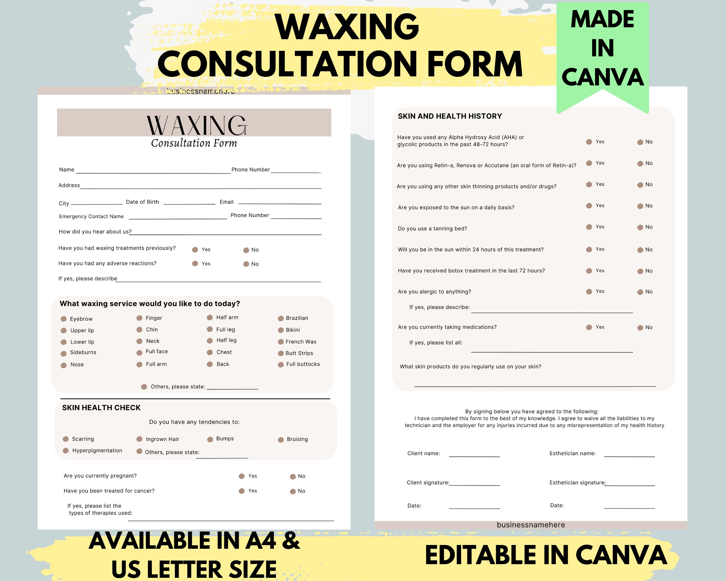 EDITABLE Waxing Consultation Form,waxing Treatment Form,client Consent ...