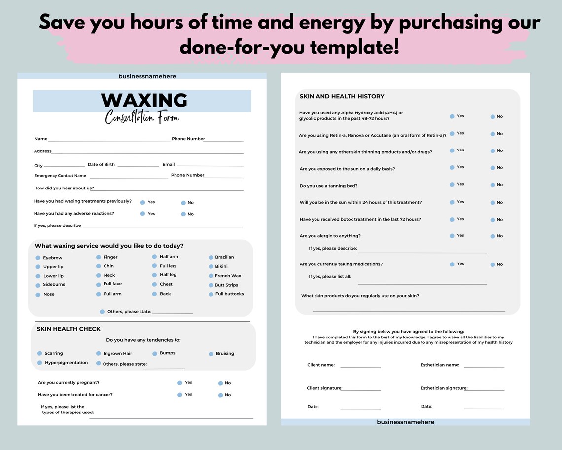 EDITABLE Waxing Consultation Form,waxing Treatment Form,client Consent ...