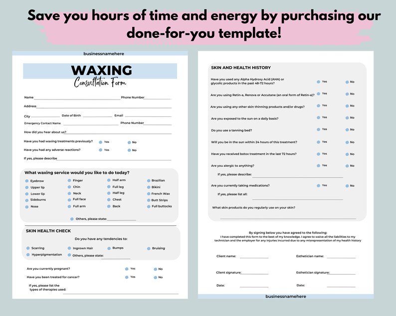 EDITABLE Waxing Consultation Form,waxing Treatment Form,client Consent ...