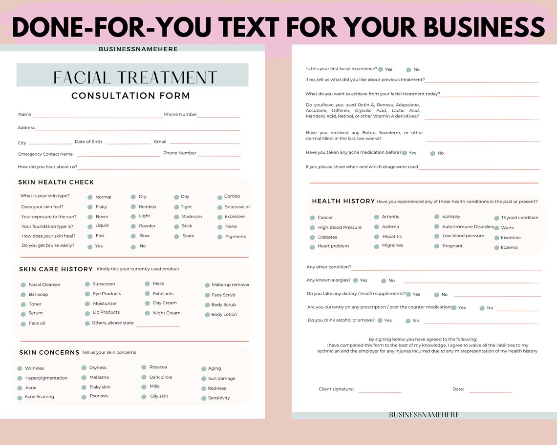 EDITABLE Facial Consultation Form, Client Intake Form,client Consent ...