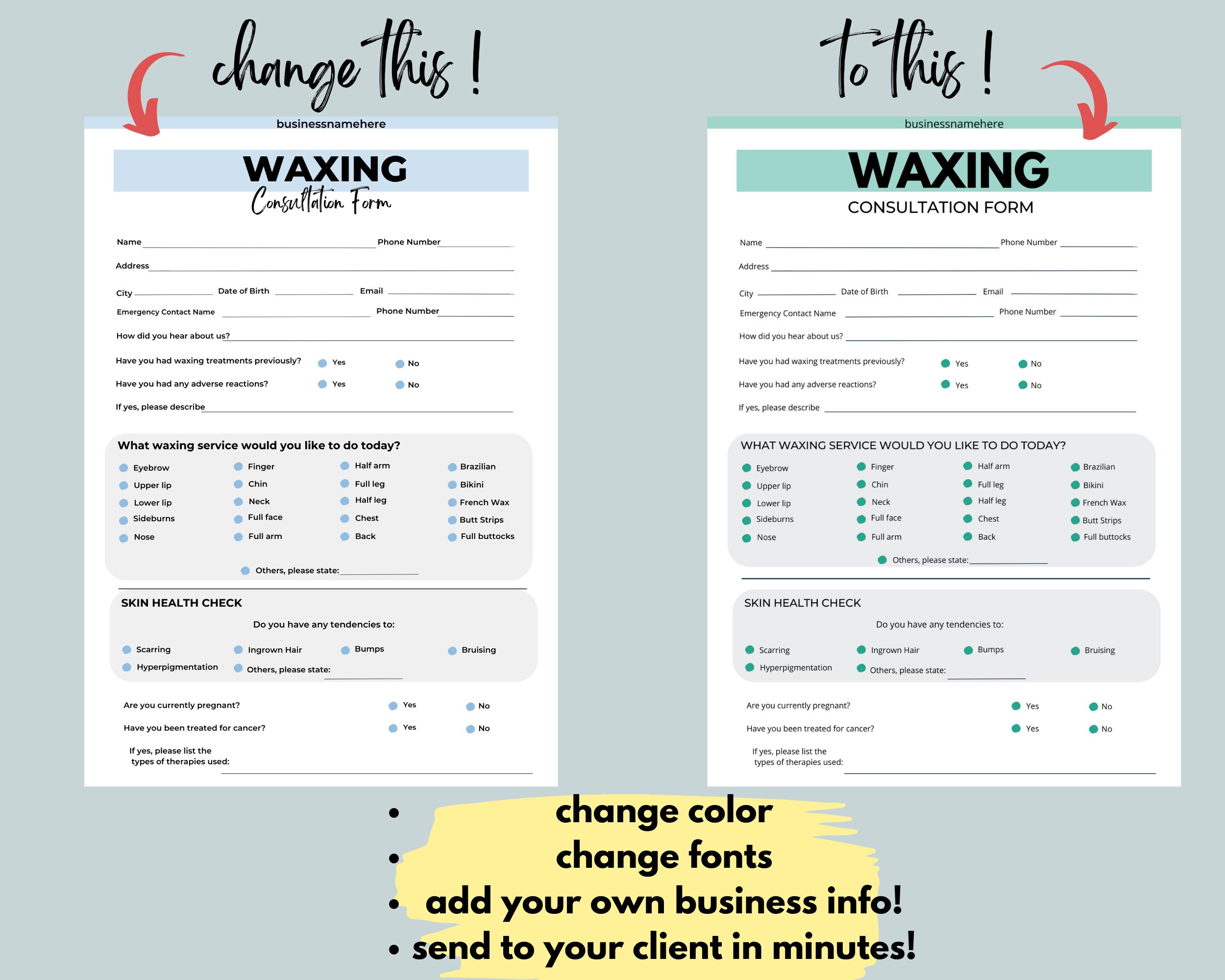 EDITABLE Waxing Consultation Form,waxing Treatment Form,client Consent ...