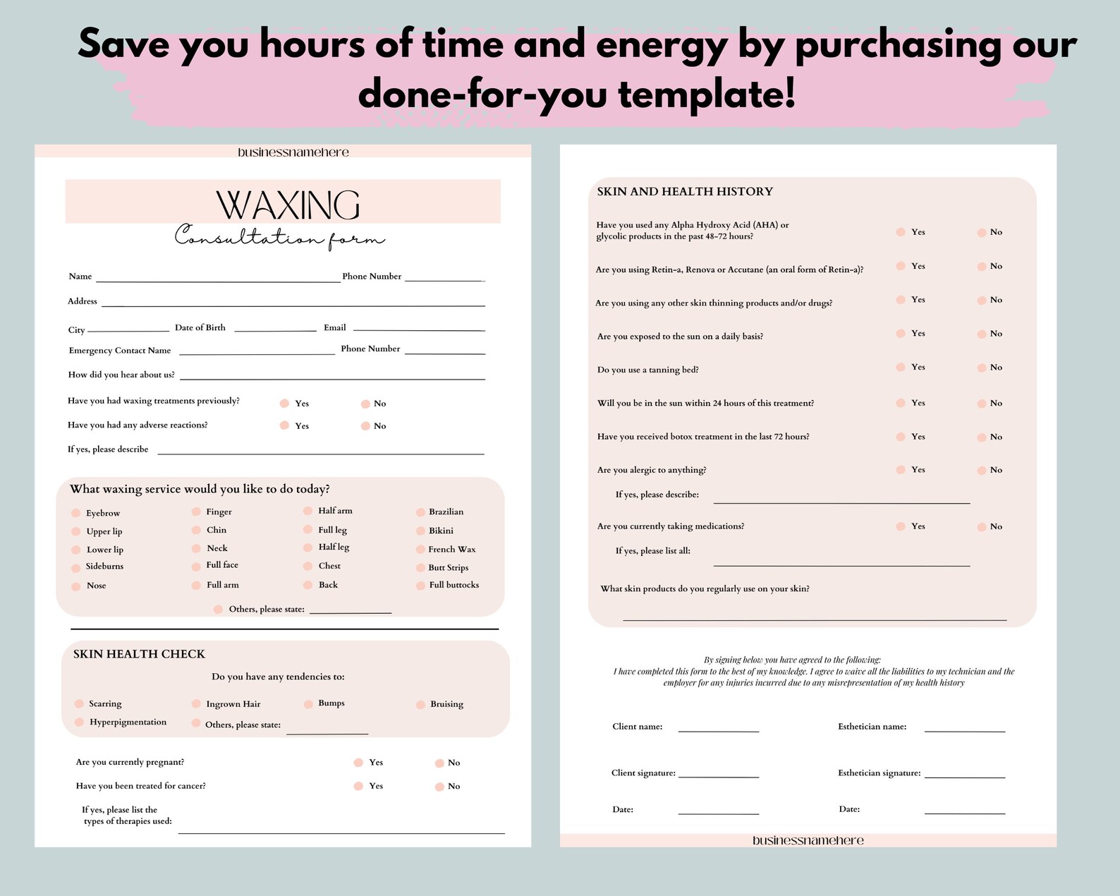 EDITABLE Waxing Consultation Form,waxing Treatment Form Client, Consent ...