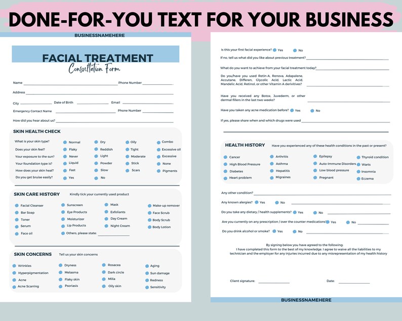 EDITABLE Facial Consultation Form, Client Intake Form,client Consent ...