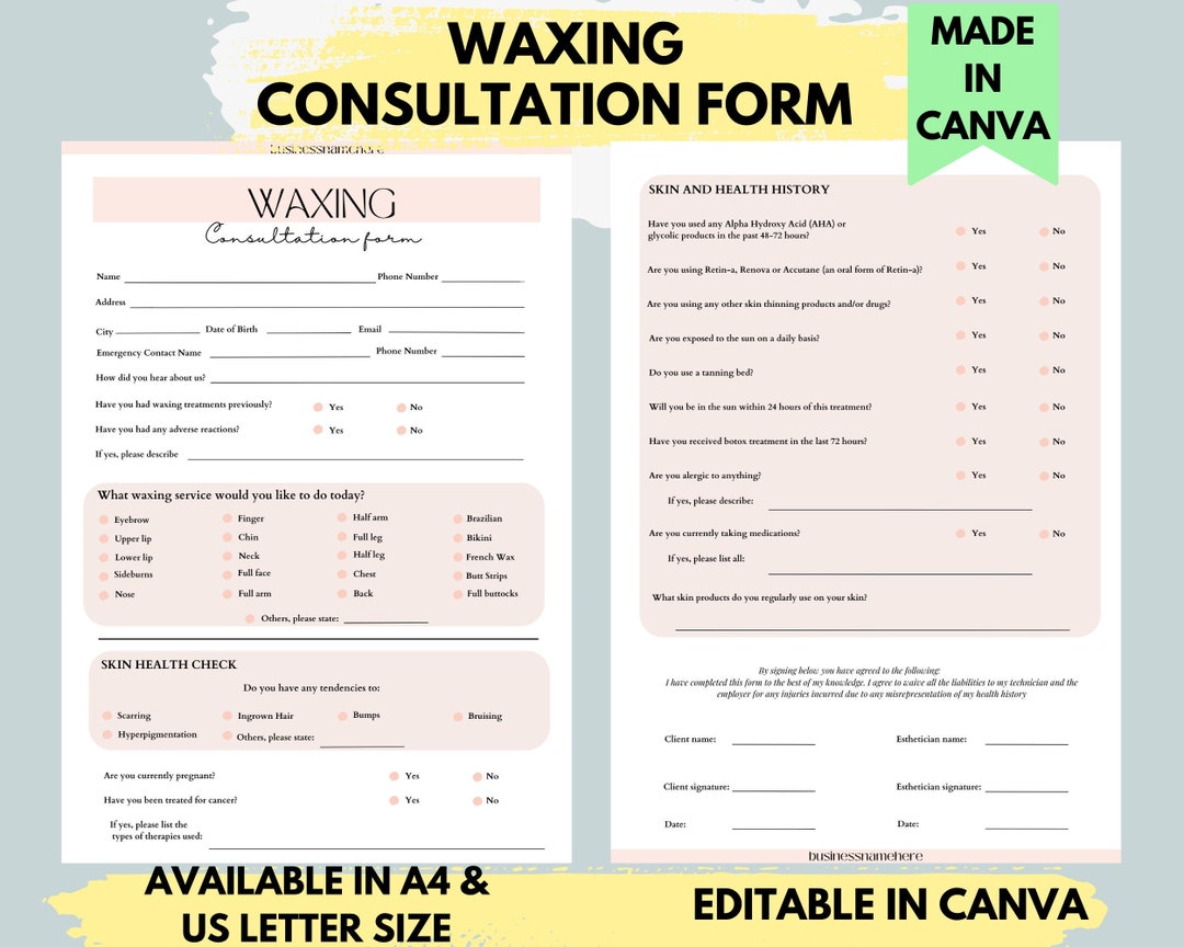 EDITABLE Waxing Consultation Form,waxing Treatment Form Client, Consent ... EDITABLE Waxing Consultation Form,waxing Treatment Form Client, Consent ...