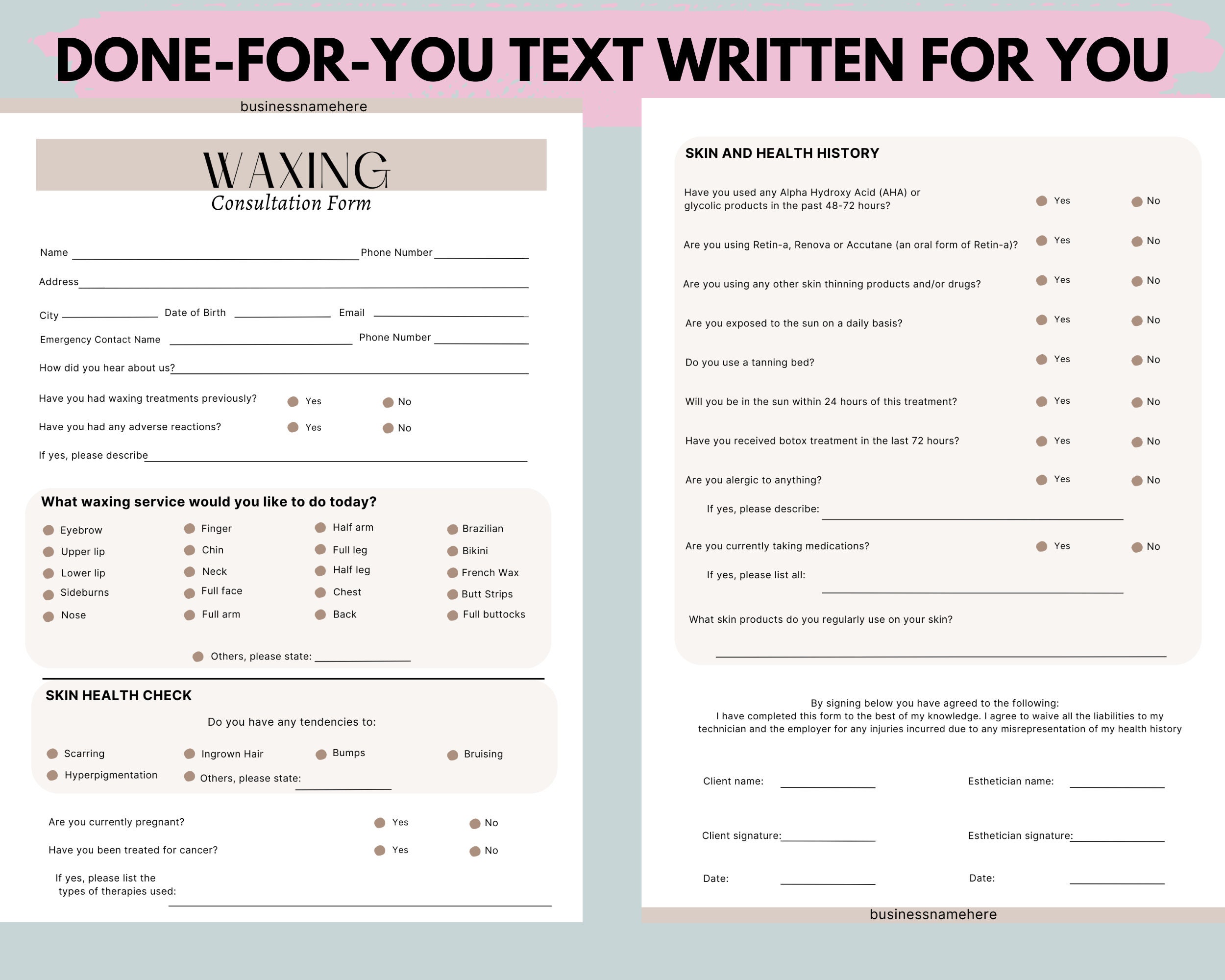 EDITABLE Waxing Consultation Form,waxing Treatment Form,client Consent ...