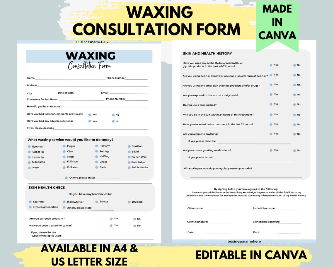 EDITABLE Waxing Consultation Formwaxing Treatment Formclient - Etsy