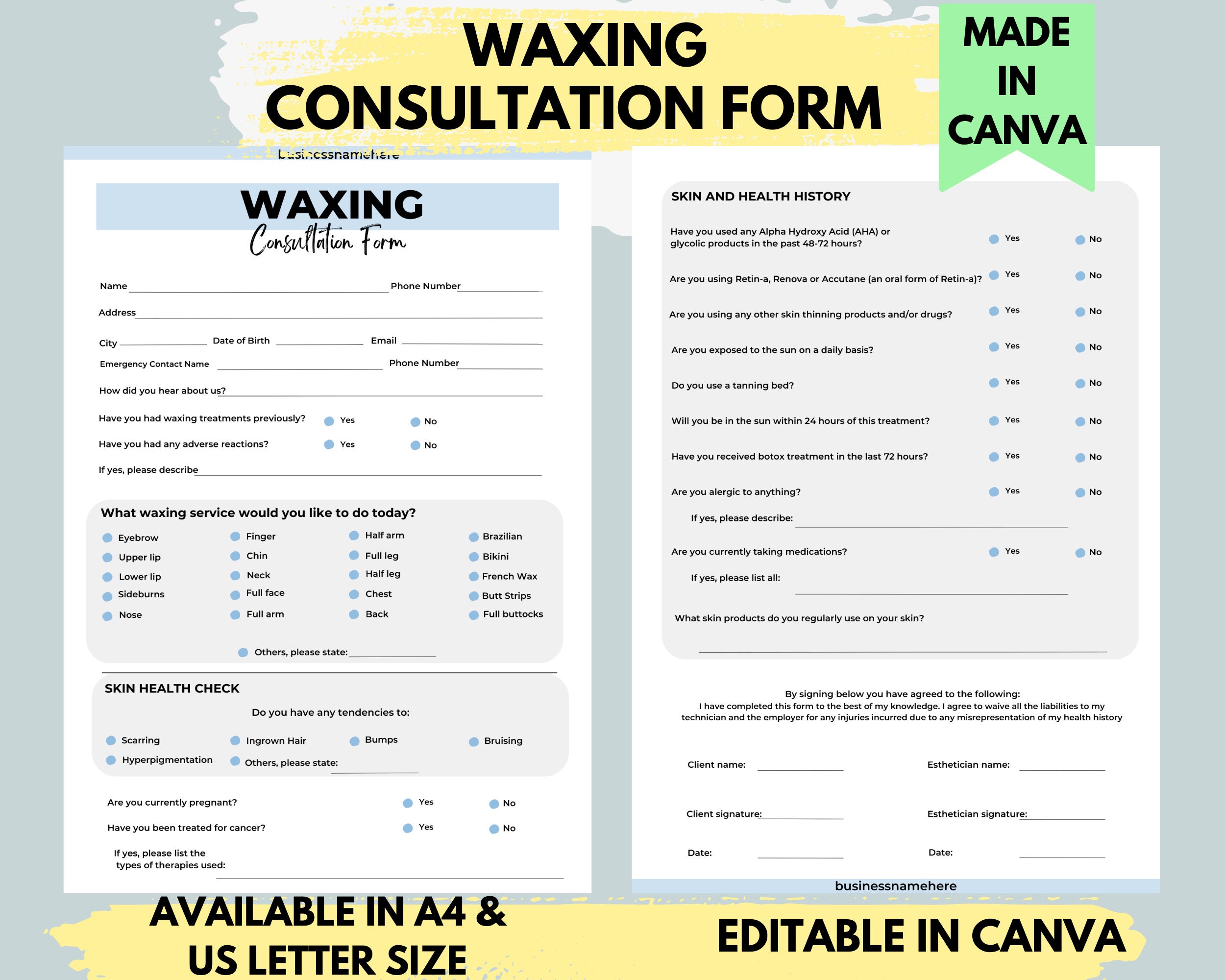 EDITABLE Waxing Consultation Formwaxing Treatment Formclient - Etsy