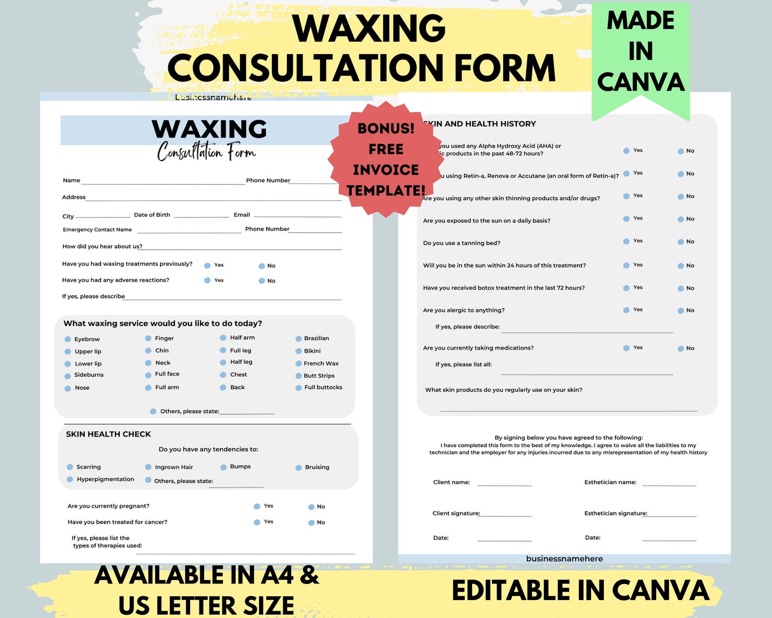 EDITABLE Waxing Consultation Form,waxing Treatment Form,client Consent ...
