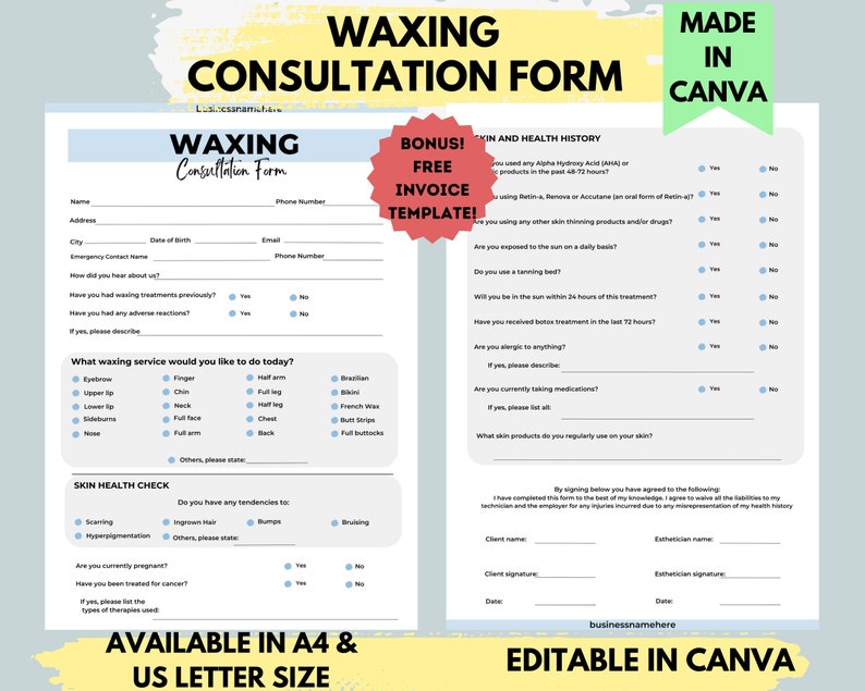 EDITABLE Waxing Consultation Form,waxing Treatment Form,client Consent ...