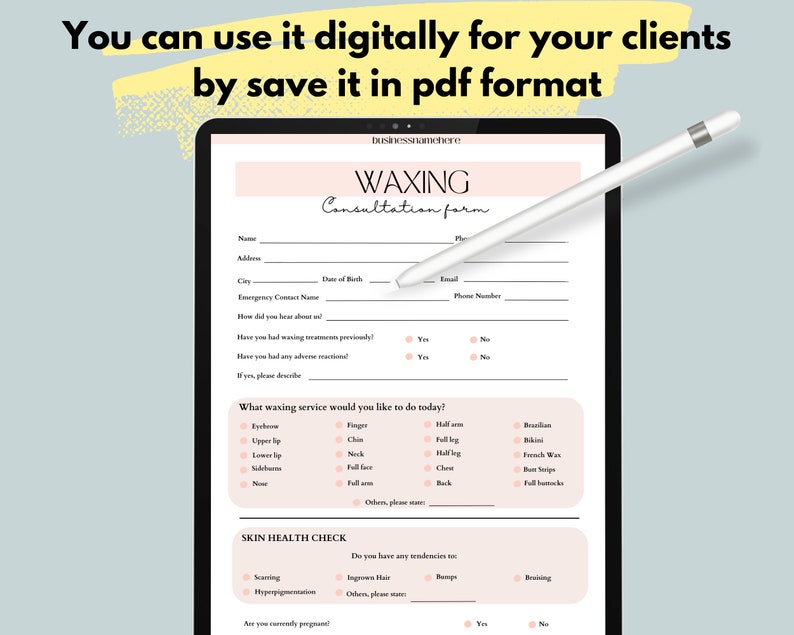 EDITABLE Waxing Consultation Form,waxing Treatment Form Client, Consent ...