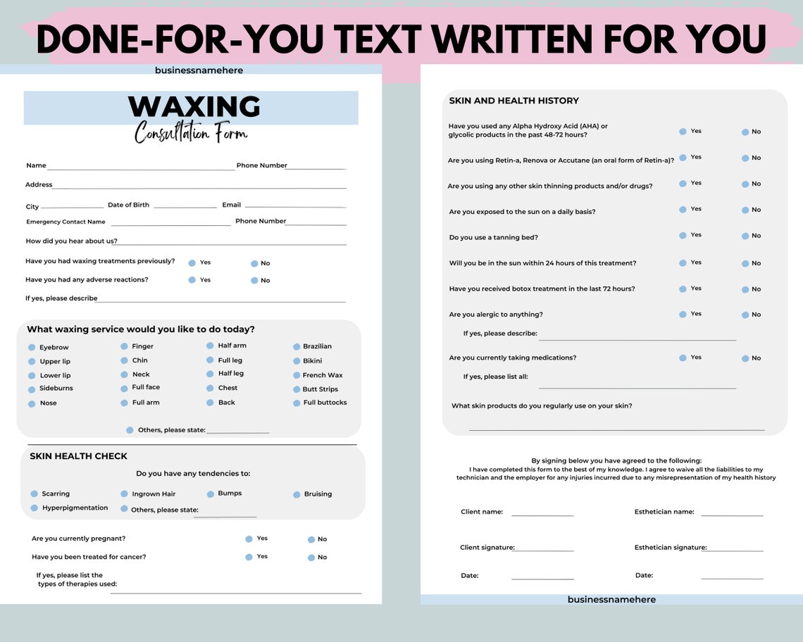 EDITABLE Waxing Consultation Form,waxing Treatment Form,client Consent ...