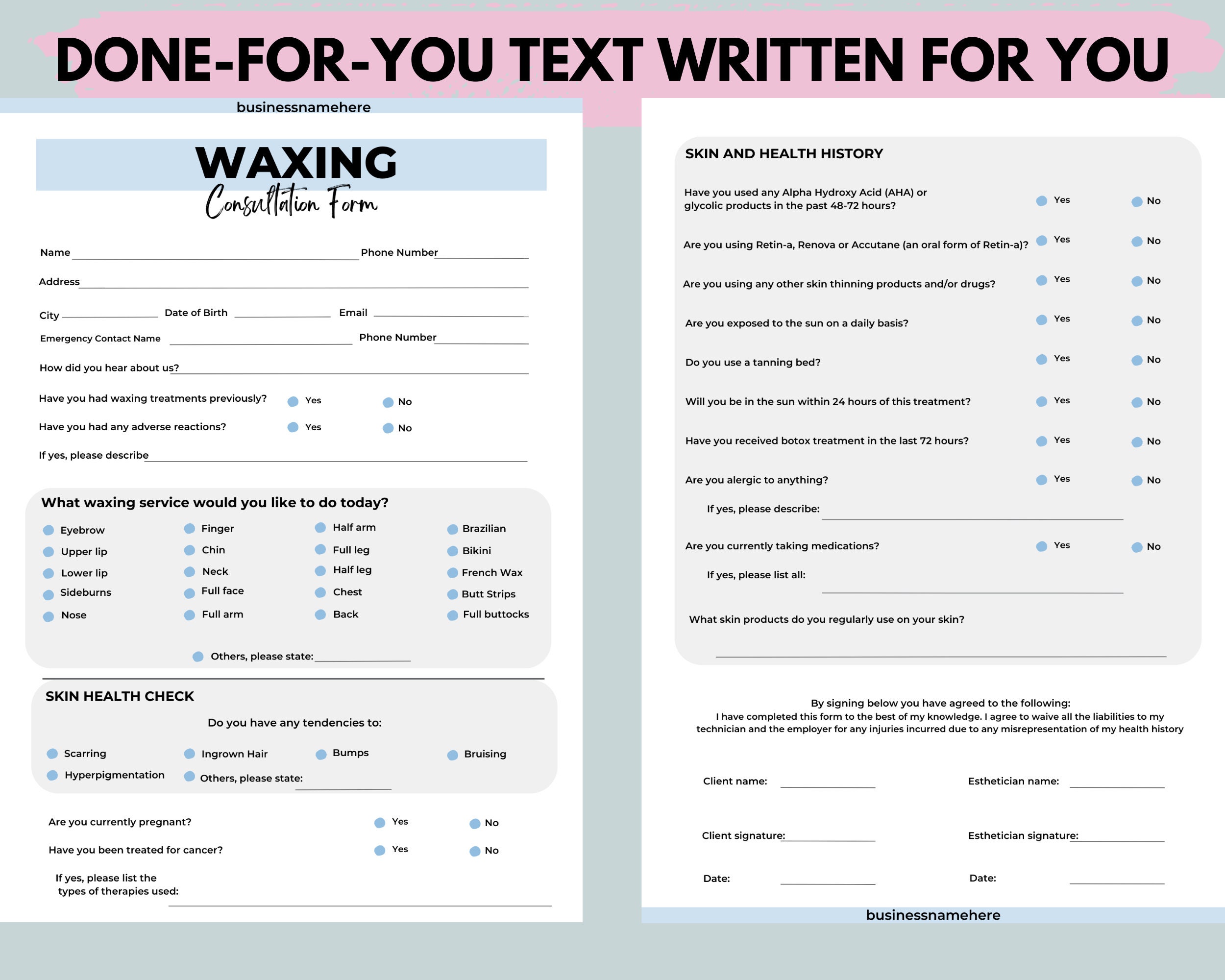 EDITABLE Waxing Consultation Form,waxing Treatment Form,client Consent ...