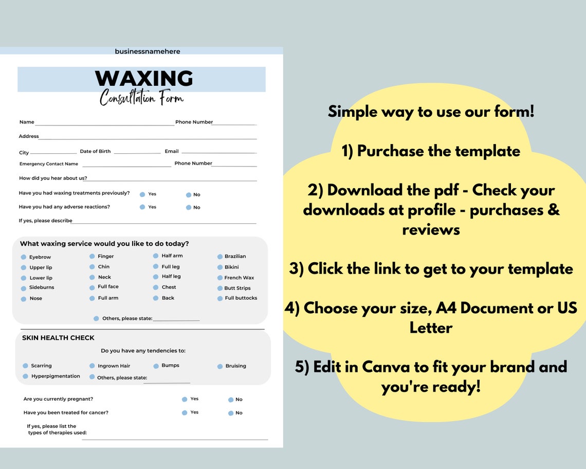 EDITABLE Waxing Consultation Formwaxing Treatment Formclient - Etsy