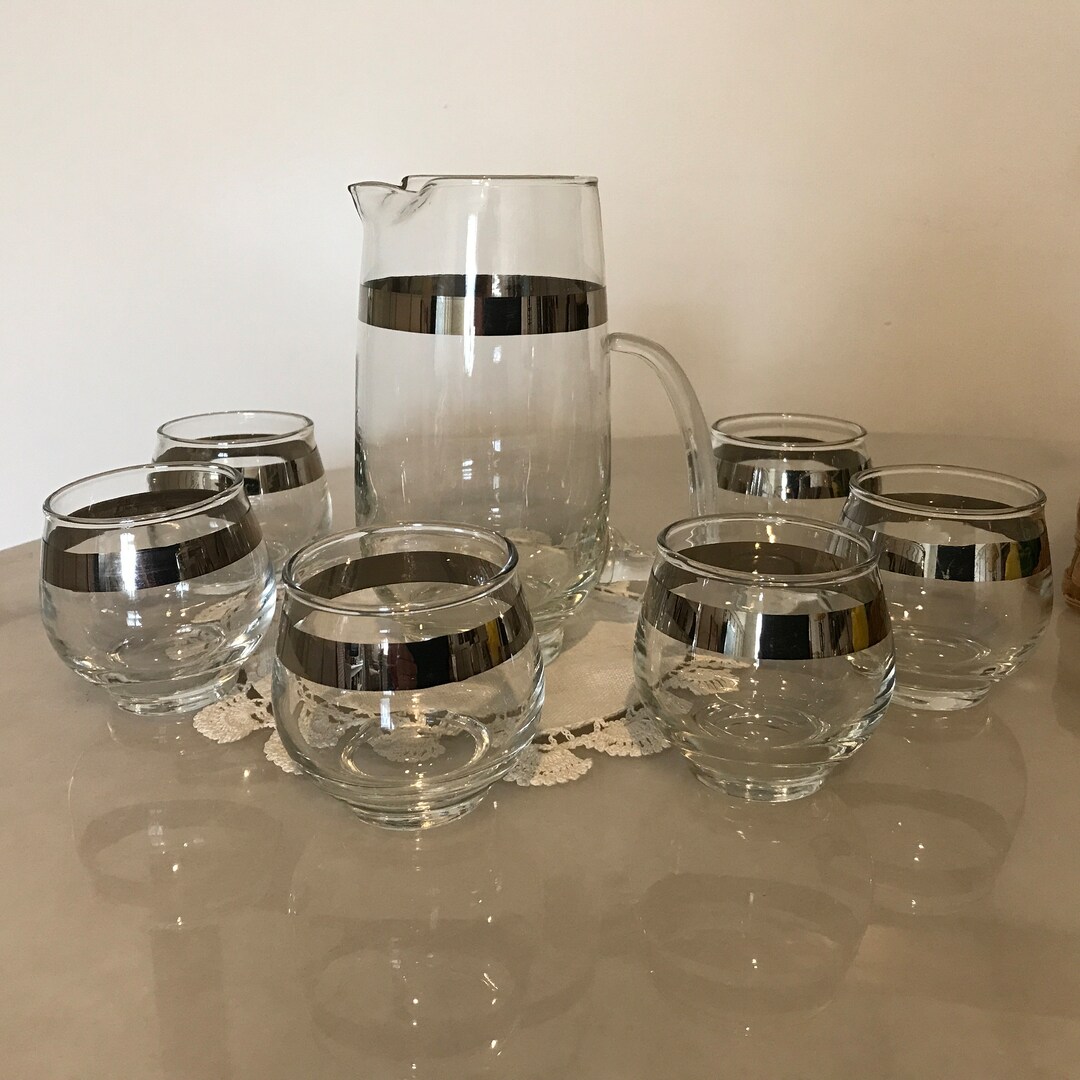 MCM Pitcher and 6 Lowball Rolypoly Glasses Silver Trim Libby Classy - Etsy