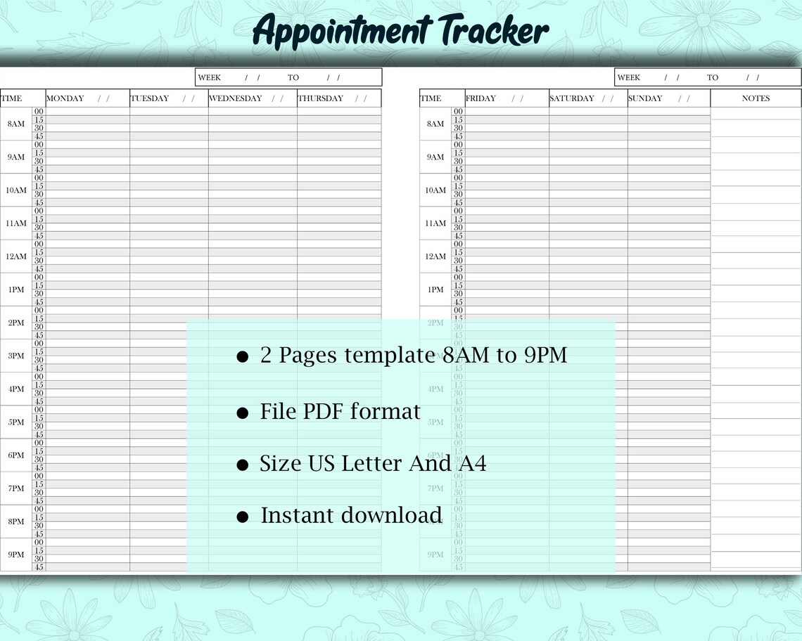 Printable Appointment Tracker, 1 Week on 2 Pages, 15-minute Interval ...