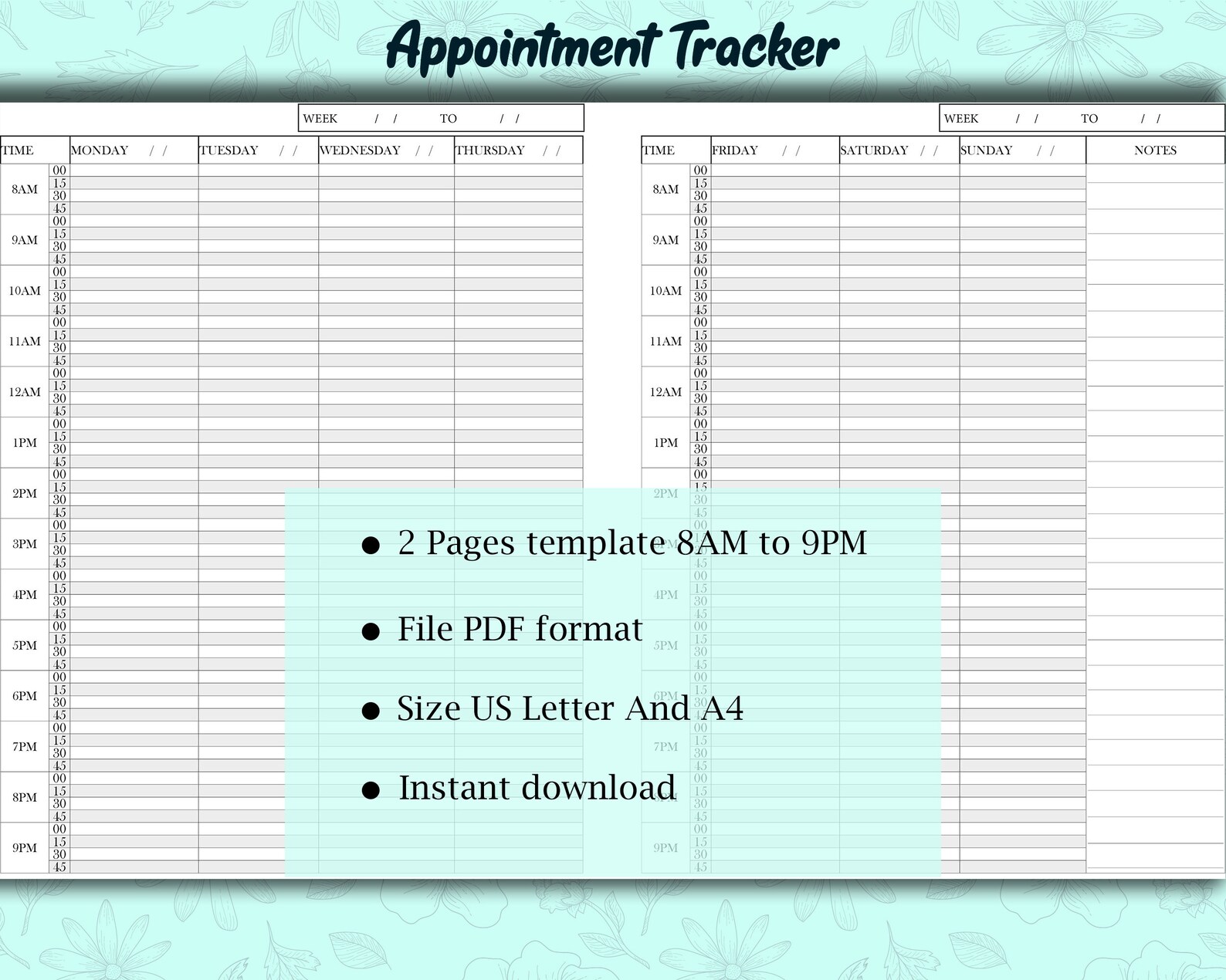 Printable Appointment Tracker, 1 Week on 2 Pages, 15-minute Interval ...
