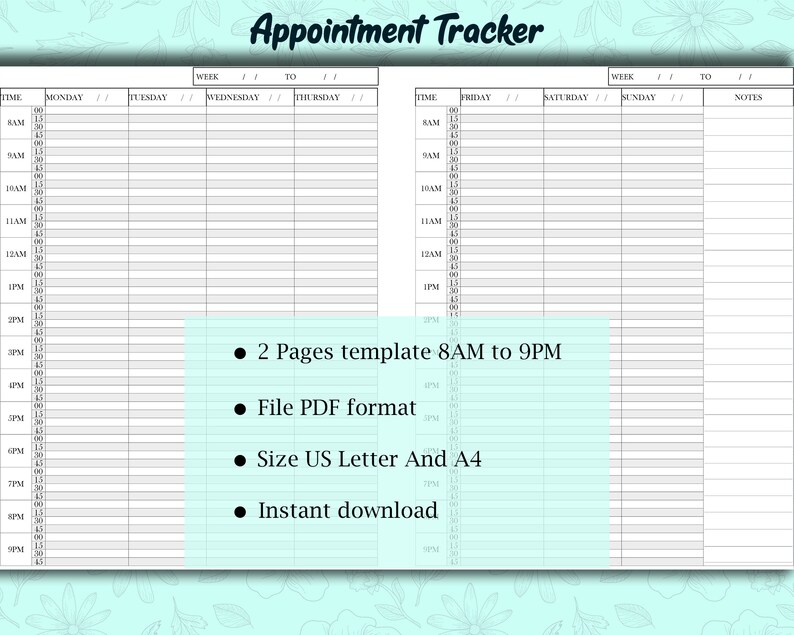 Printable Appointment Tracker, 1 Week on 2 Pages, 15-minute Interval ...