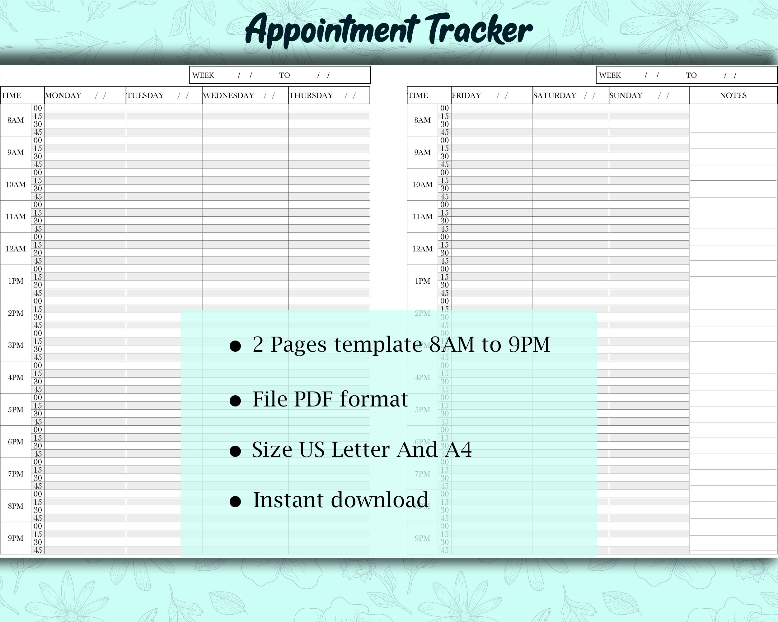 Printable Appointment Tracker, 1 Week on 2 Pages, 15-minute Interval ...