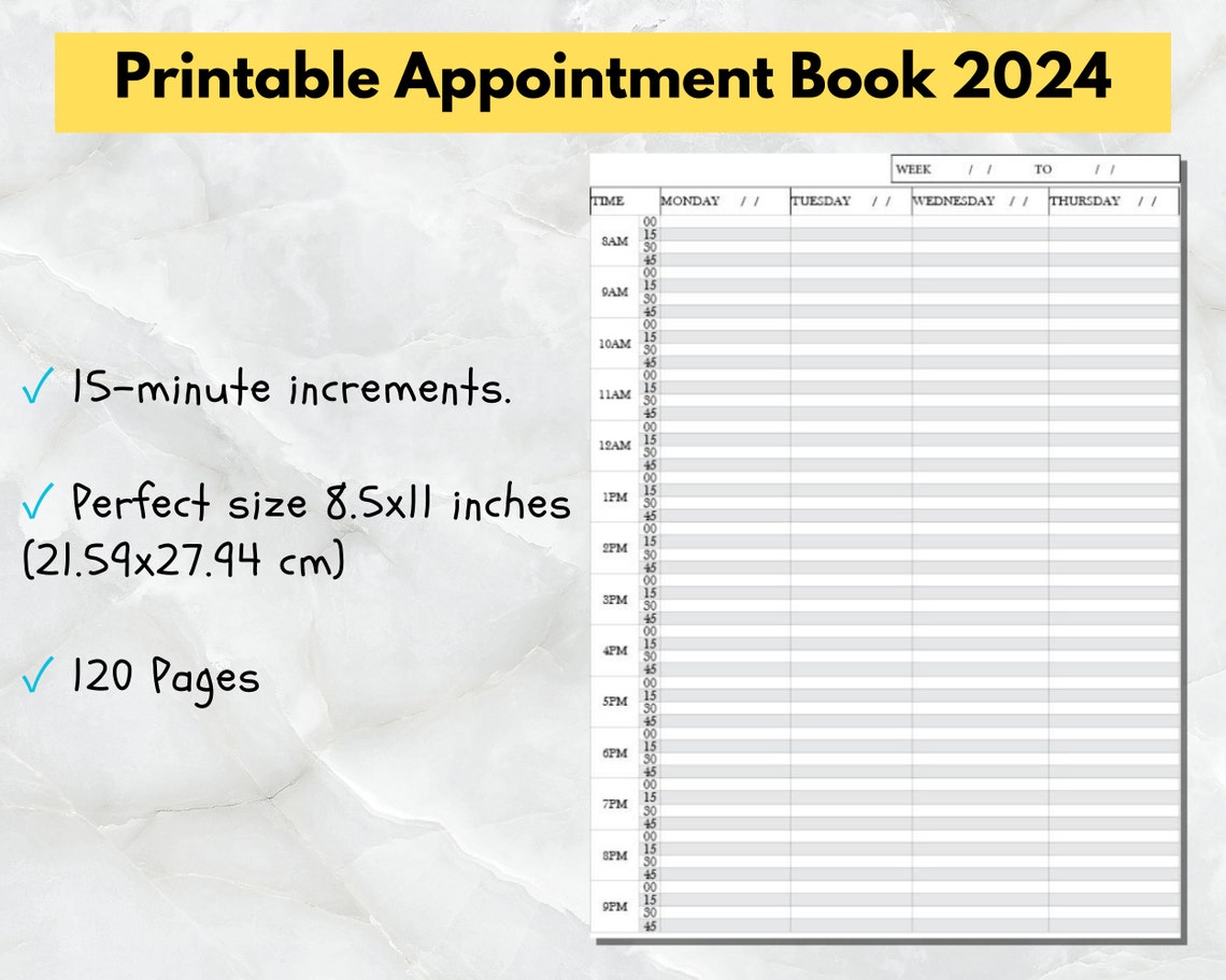 Printable Appointment Book 2024, 15 Minute Interval, Small Business ...