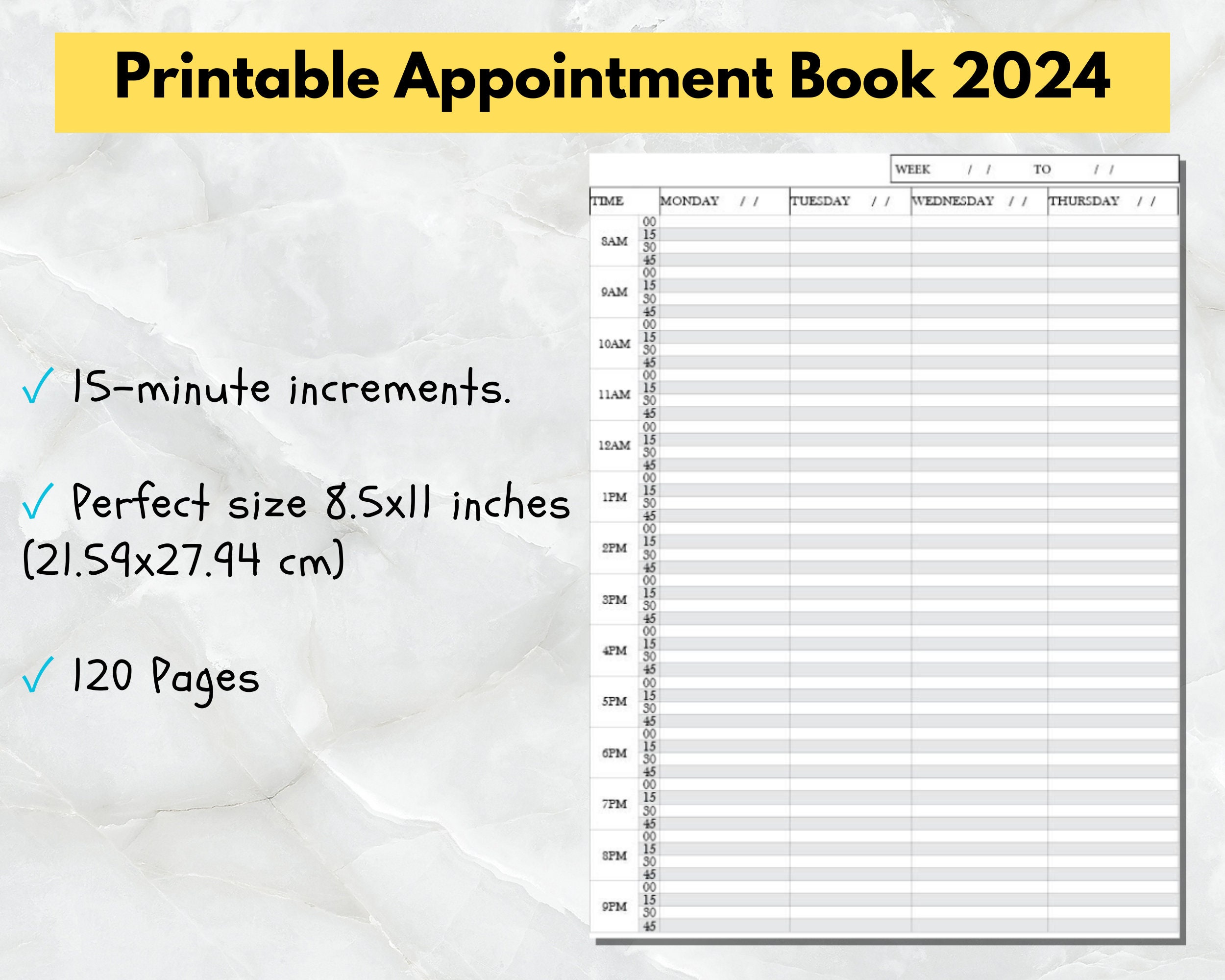 Printable Appointment Book 2024, 15 Minute Interval, Small Business ...
