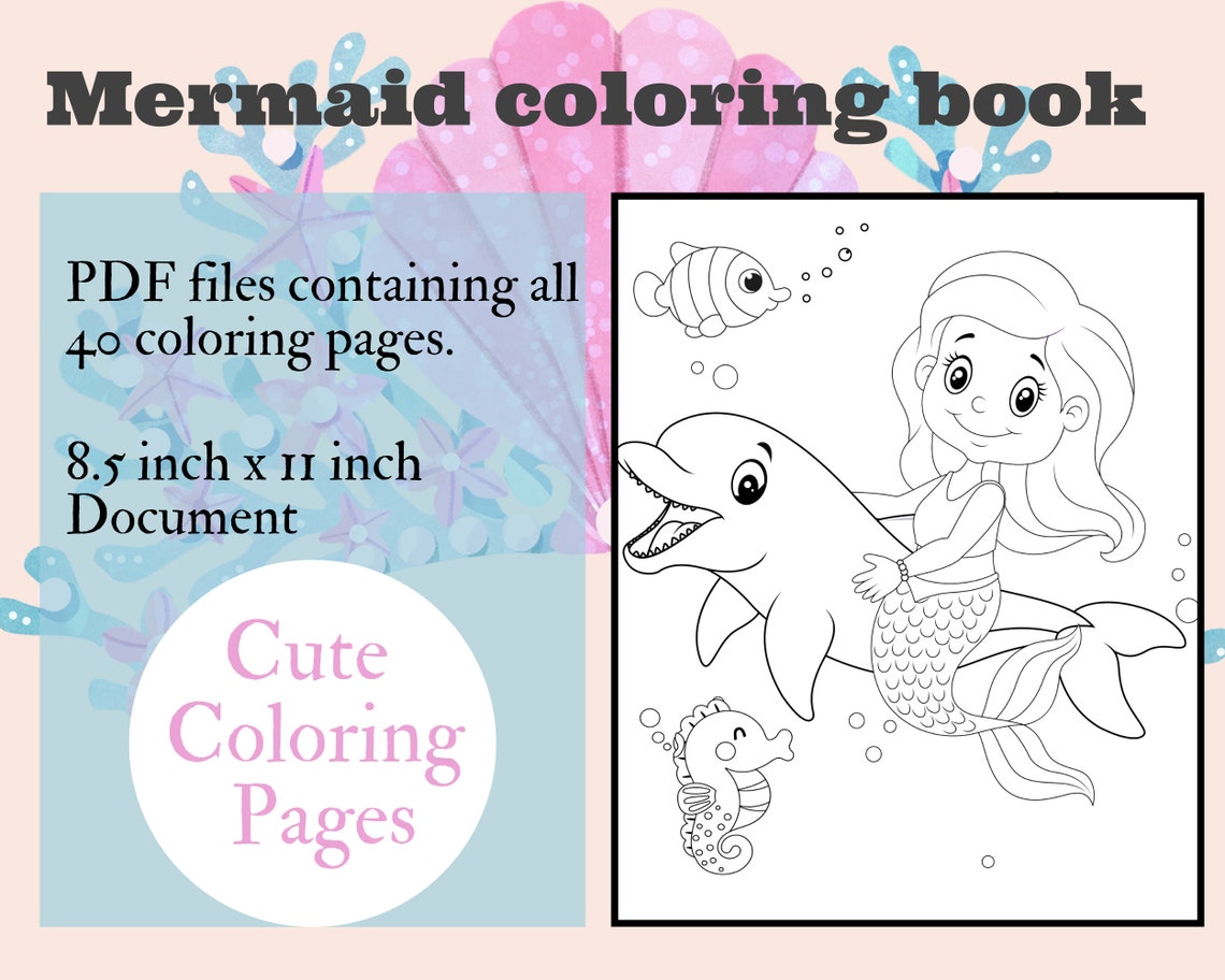 Printable Mermaid Coloring Book 40 Pages, Printable Mermaid Coloring ...