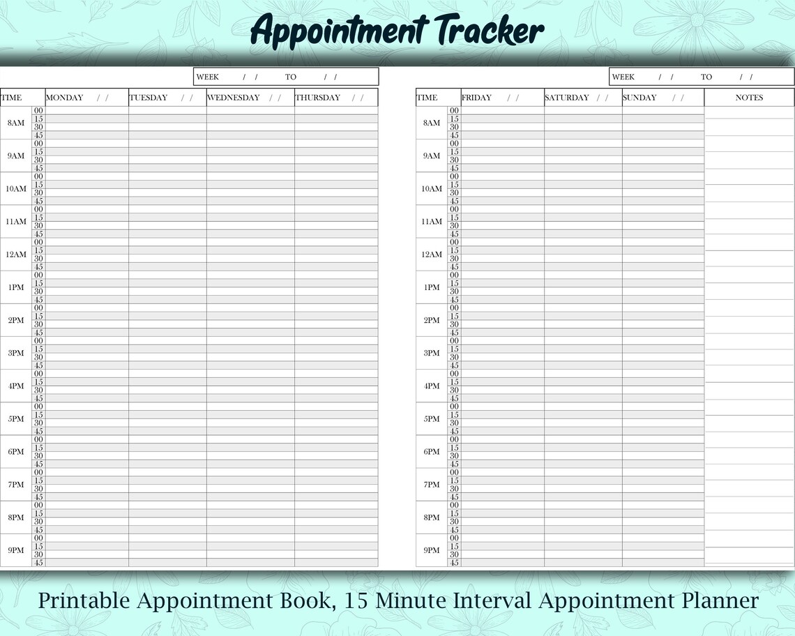 Printable Appointment Tracker, 1 Week on 2 Pages, 15-minute Interval ...