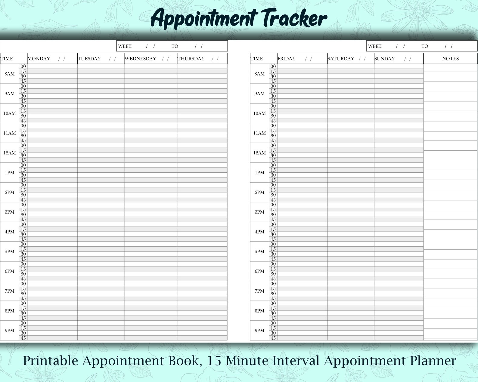 Printable Appointment Tracker, 1 Week on 2 Pages, 15-minute Interval ...