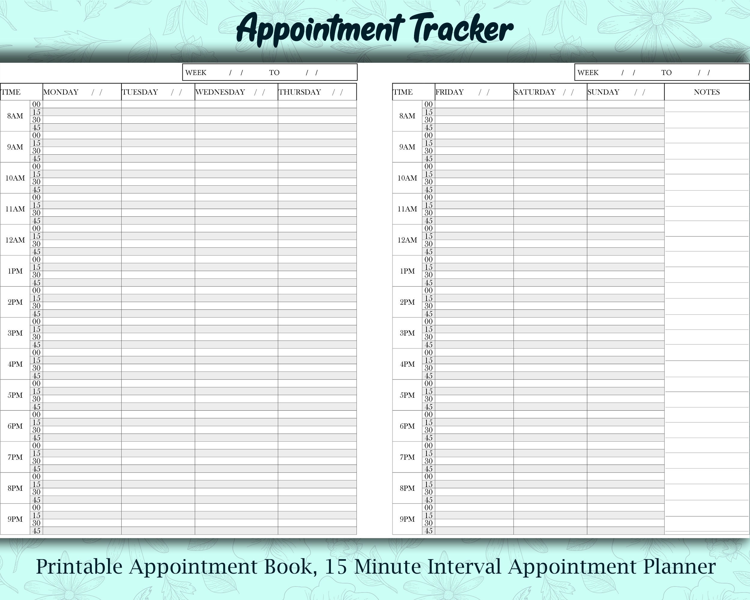 Printable Appointment Tracker, 1 Week on 2 Pages, 15-minute Interval ...