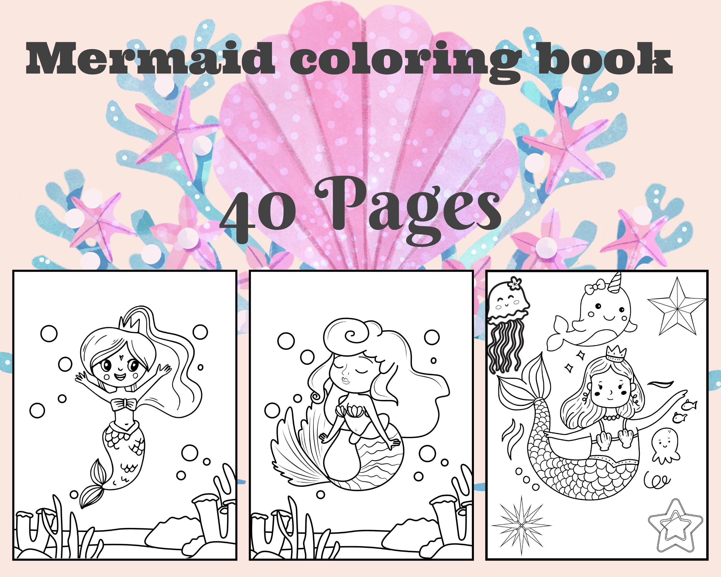 Printable Mermaid Coloring Book 40 Pages, Printable Mermaid Coloring ...
