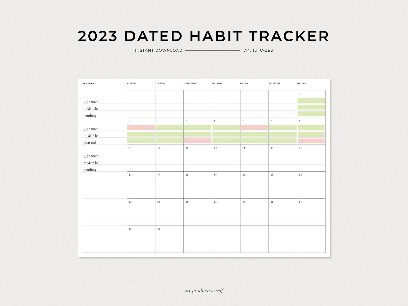 2023 Dated Monthly Habit Tracker, Monday & Sunday Start, Routine ...