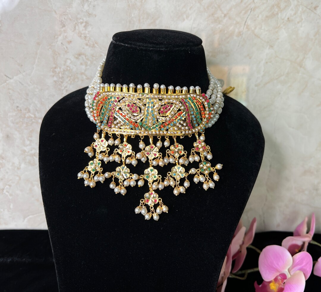 Gold Plated Navrattan Jadau Polki Choker Wedding Set With Jhumki Earrings/sabyasachi Polki Gold ...