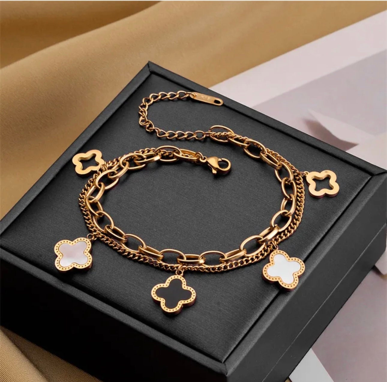 Four Leaf Gold Bracelet Stainless Steel Black White Bangle - Etsy