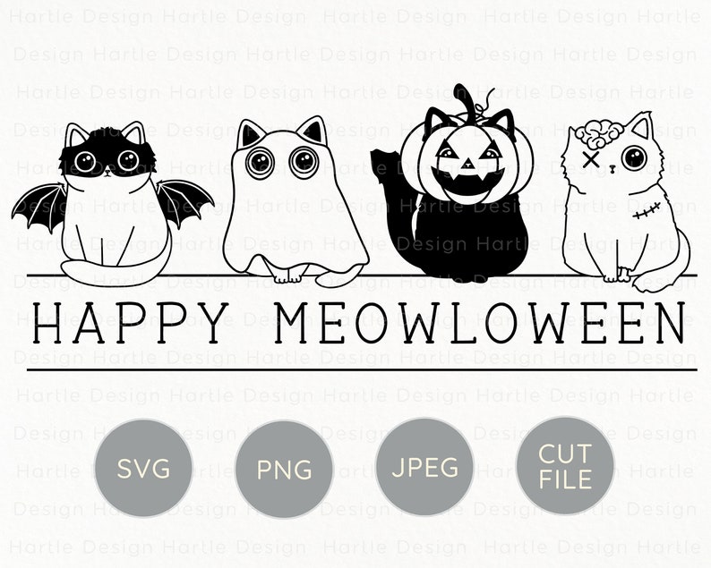 Meowloween Cats in Costume Outline SVG | Pumpkin Bat Ghost Zombie Black ...