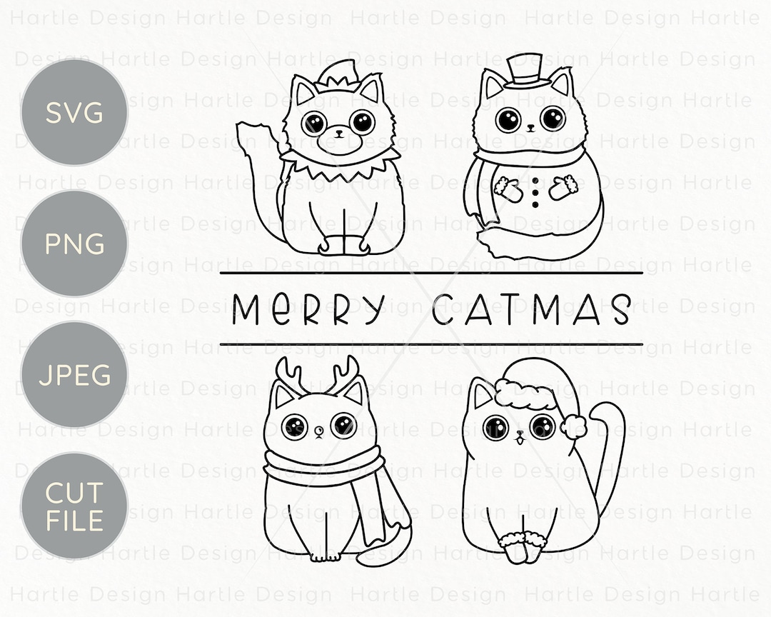 Merry Catmas Christmas Cats Outline SVG | Elf Santa Snowman Reindeer ...