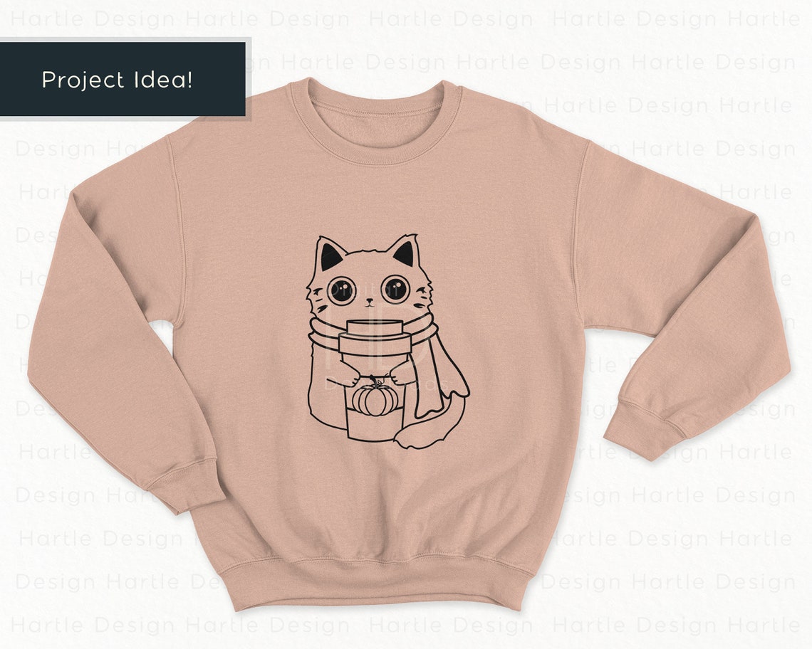 Fall Cat With Pumpkin Latte Outline SVG | Cute Black Halloween Cat Cut ...