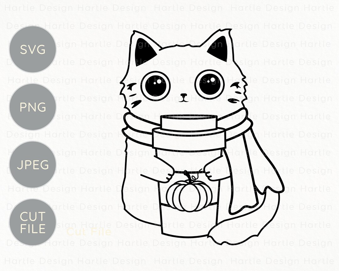 Fall Cat With Pumpkin Latte Outline SVG | Cute Black Halloween Cat Cut ...