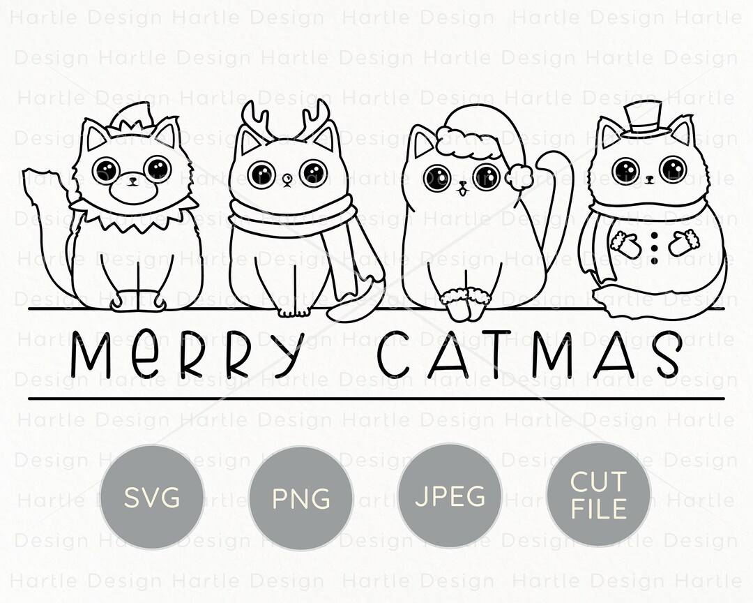 Merry Catmas Christmas Cats Outline SVG Elf Santa Snowman Reindeer Cat ...