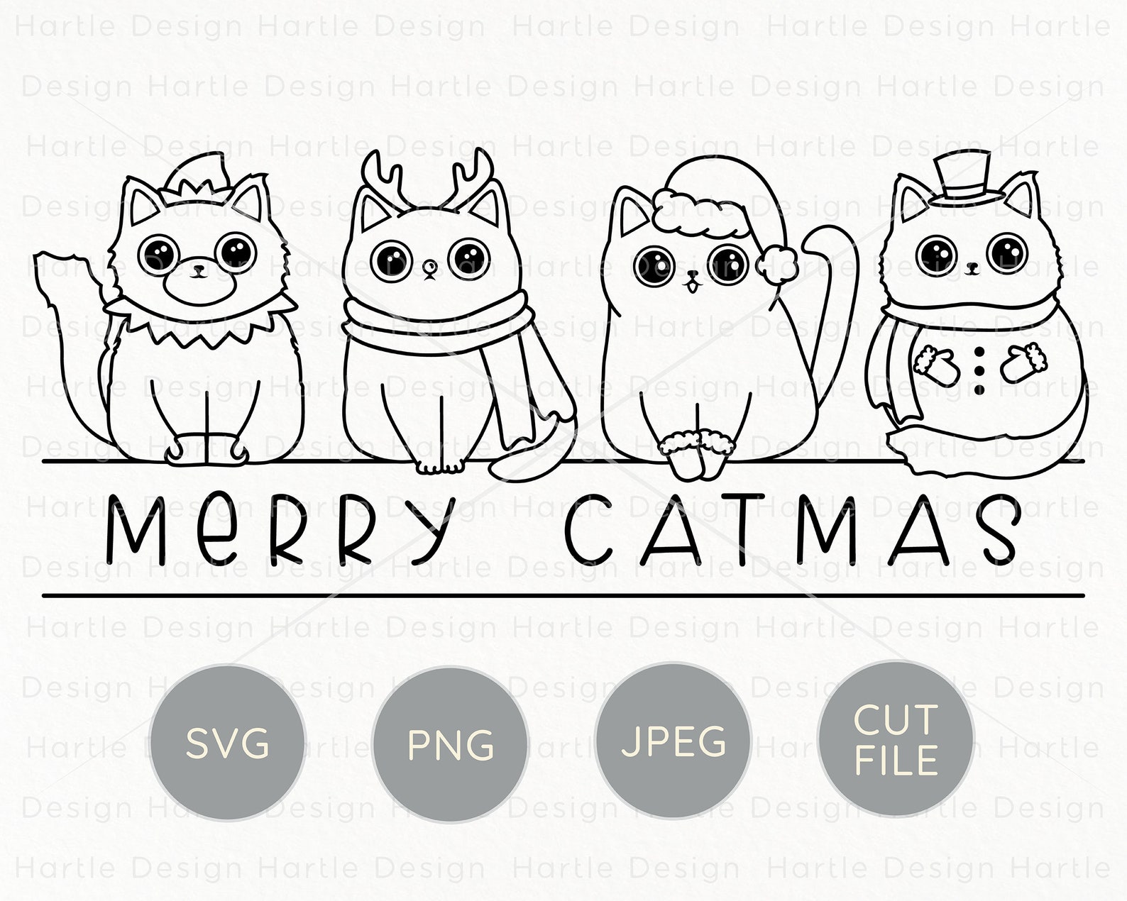 Merry Catmas Christmas Cats Outline SVG | Elf Santa Snowman Reindeer ...