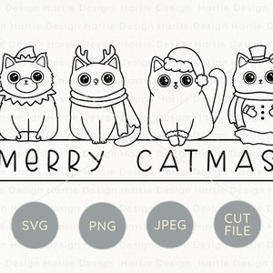 Merry Catmas Christmas Cats Outline SVG | Elf Santa Snowman Reindeer ...