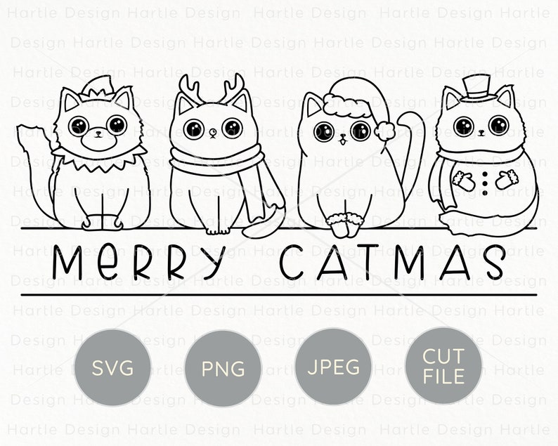 Merry Catmas Christmas Cats Outline SVG | Elf Santa Snowman Reindeer ...