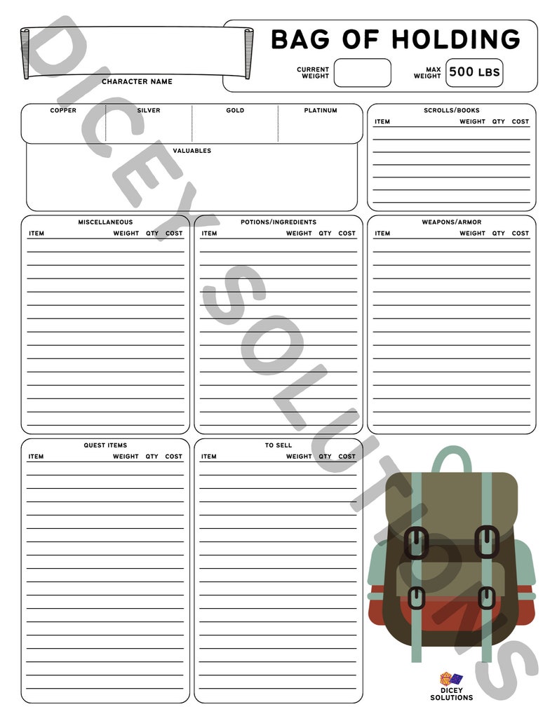 Dnd 5e Inventory Sheets: Inventory Tracker, Handy Haversack, Bag of ...