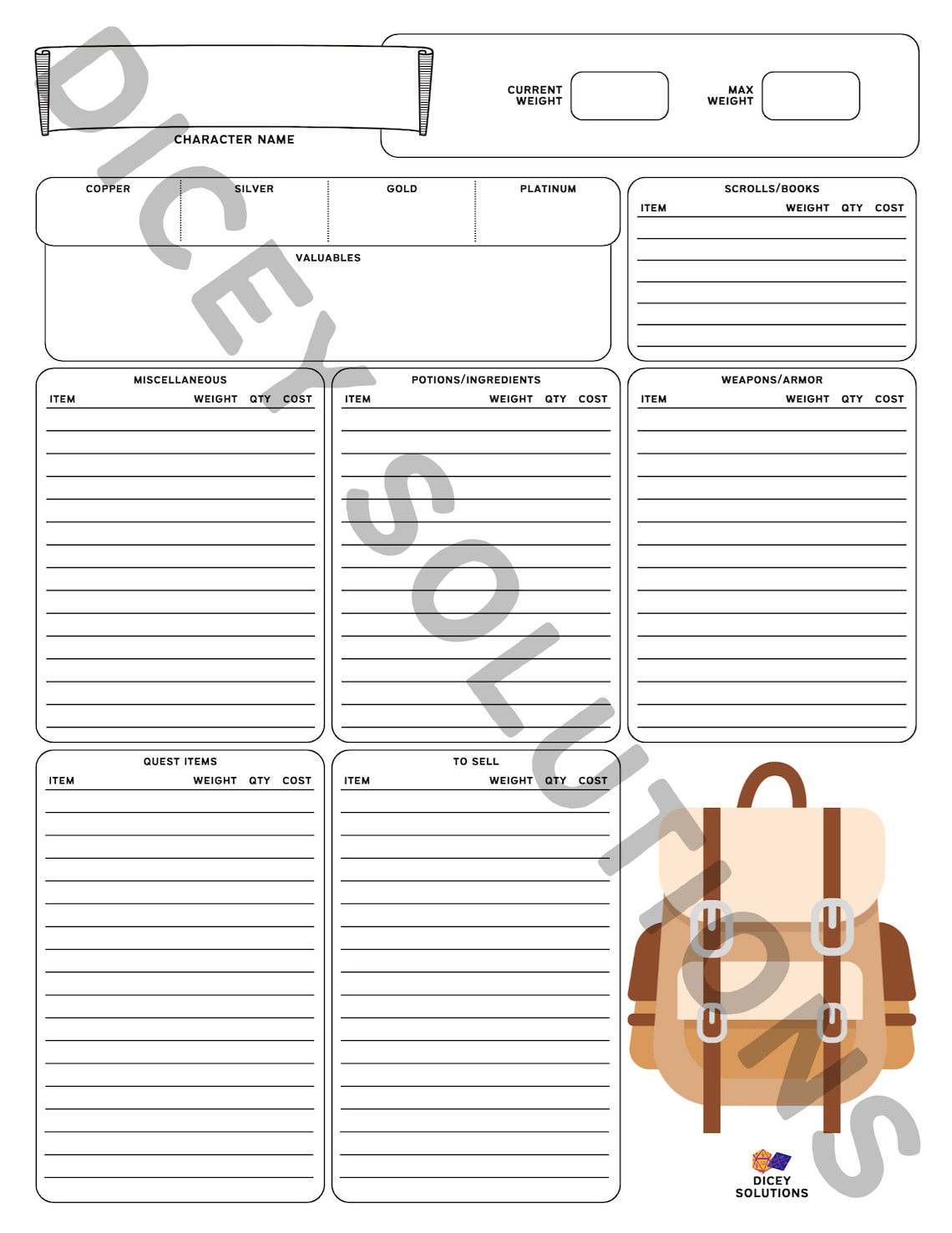 Dnd 5e Inventory Sheets: Inventory Tracker, Handy Haversack, Bag of ...