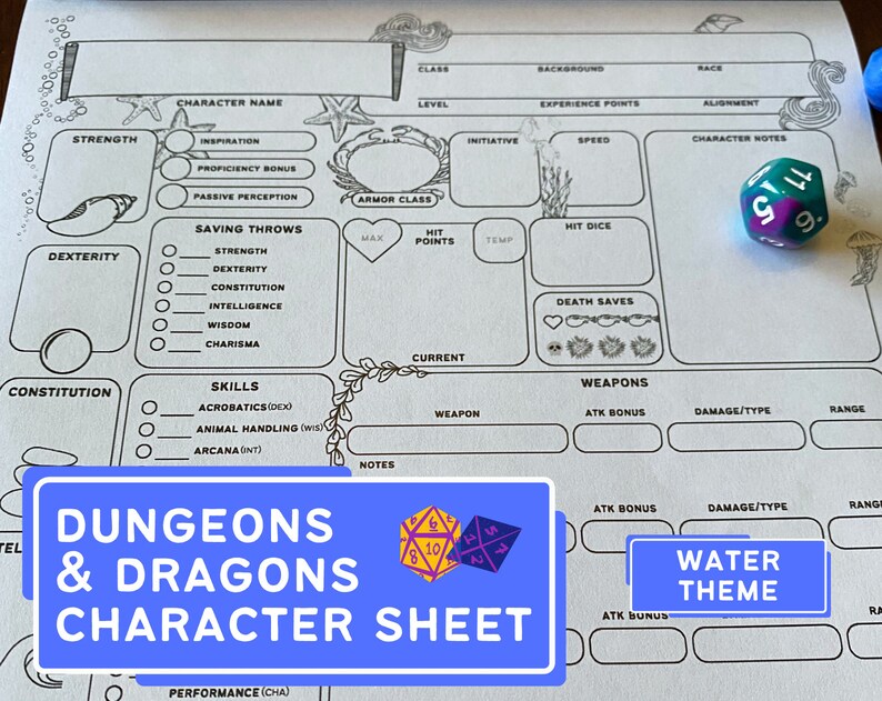 Dnd 5e Character Sheet and Spell Sheets Water Theme - Etsy