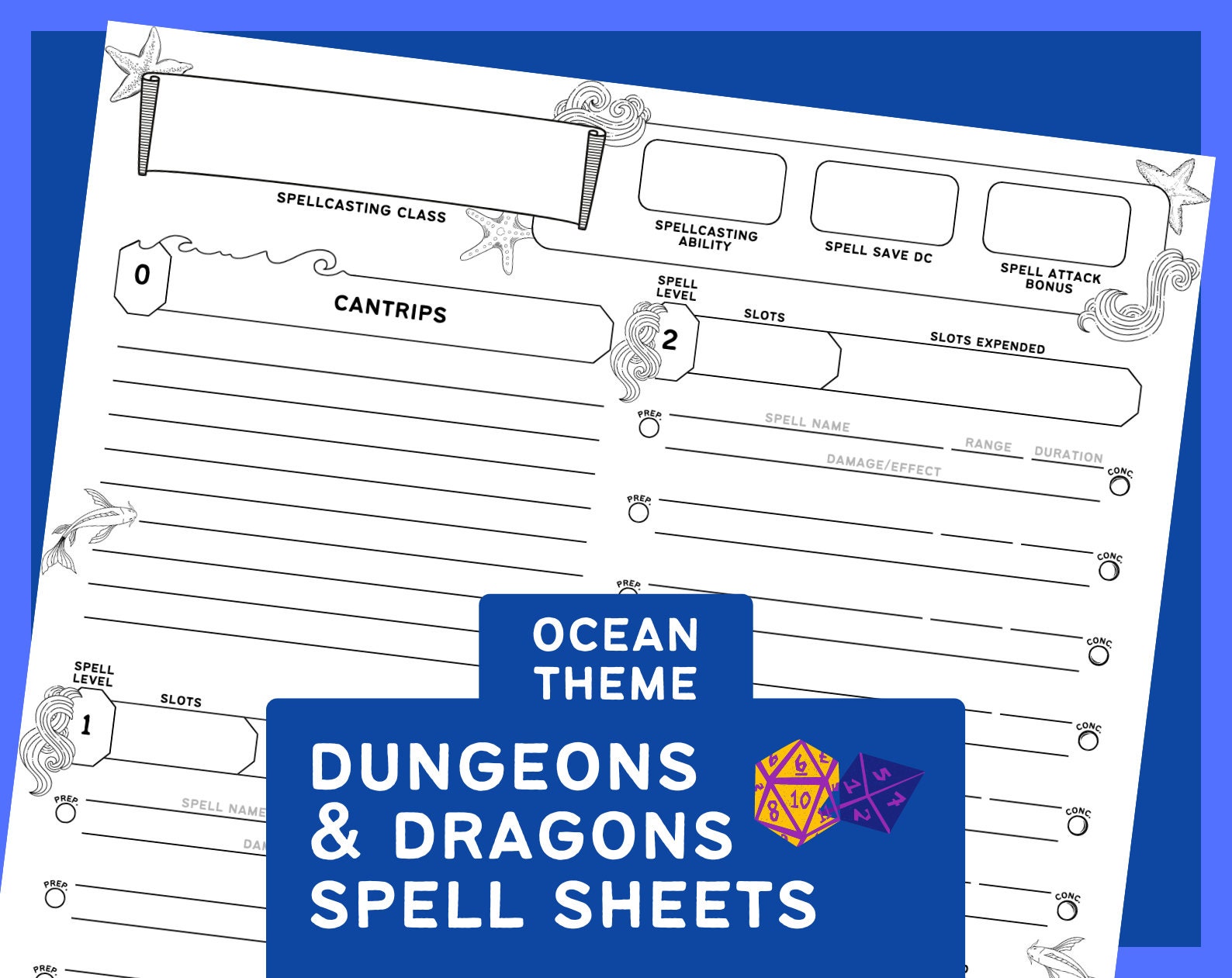 Water-themed Dnd 5e Character Sheet | Printable Spell Sheets (PDF) - Etsy